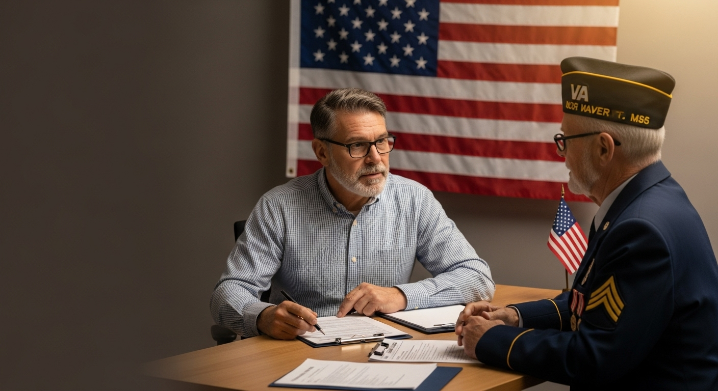 Professional veteran in military uniform meeting with VA benefits ...